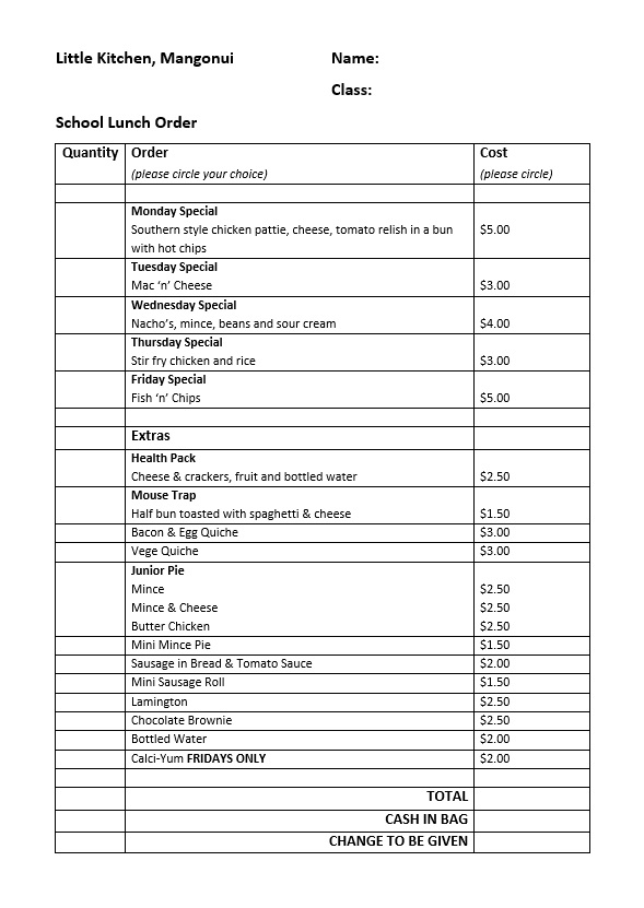Lunch Orders – Mangonui School