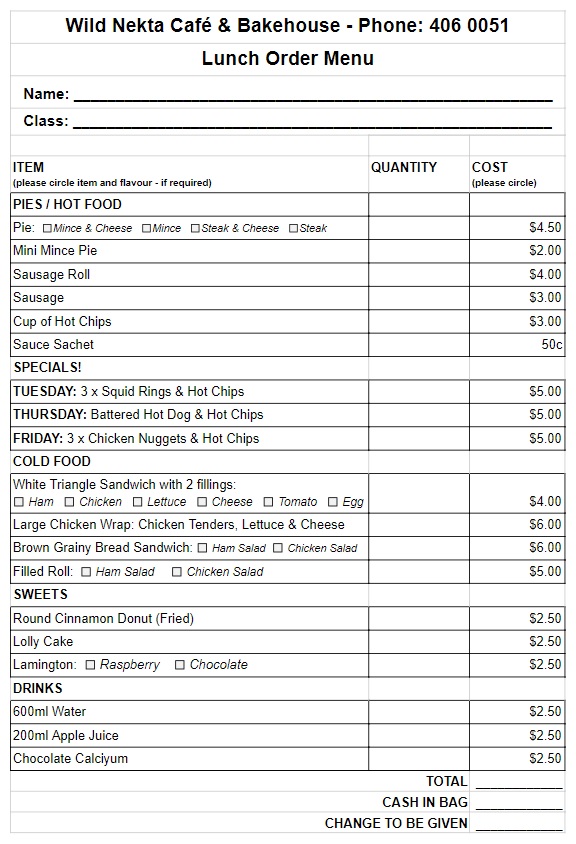 Mangonui School - Lunch Orders